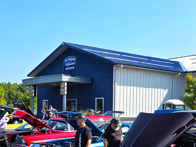 The blue-roofed North East Motor Sports Museum stands ready to welcome visitors, its unassuming exterior hiding a treasure trove of racing history within.