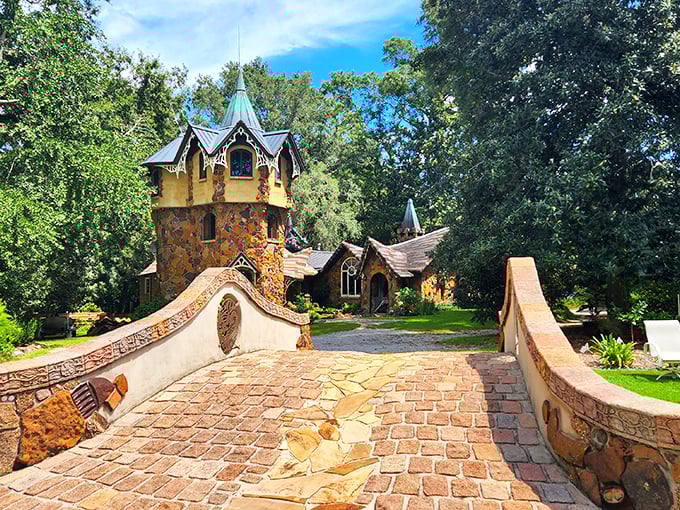 The stuff of fairy tales! This stone tower with its green conical roof rises from the Alabama woods like a magical sentinel guarding enchanted grounds.