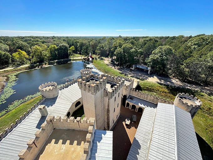 A medieval mirage rising from the Texas countryside, complete with moat and lily pads. Camelot meets cattle country in spectacular fashion.