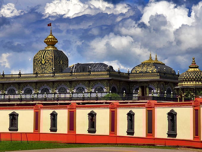 The golden domes of Prabhupada's Palace catch the sunlight like jewelry against West Virginia's blue skies. Who ordered a slice of India with their mountain views?