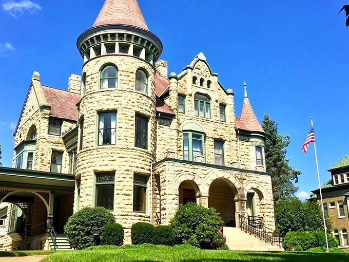 Straight out of a fairy tale, this sandstone fortress with its commanding turret proves Wisconsin can do medieval grandeur without the inconvenience of actual knights storming the gates.
