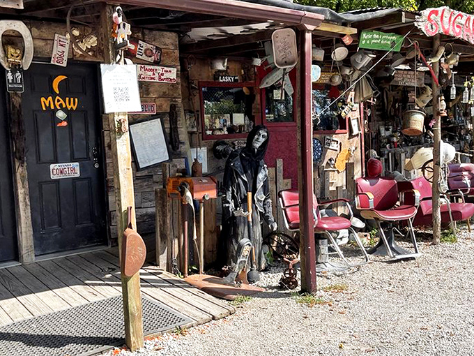 Junkyard chic at its finest! Hillbilly Hot Dogs' exterior is a glorious hodgepodge where one person's trash becomes another's roadside masterpiece.