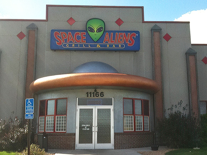 The mothership has landed in Albertville! Space Aliens Grill & Bar's unmistakable facade promises an otherworldly dining adventure before you even step inside.