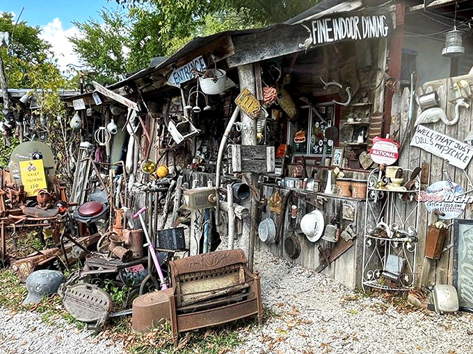 Junkyard chic at its finest! Hillbilly Hot Dogs' exterior is a glorious hodgepodge where one person's trash becomes another's roadside masterpiece. 