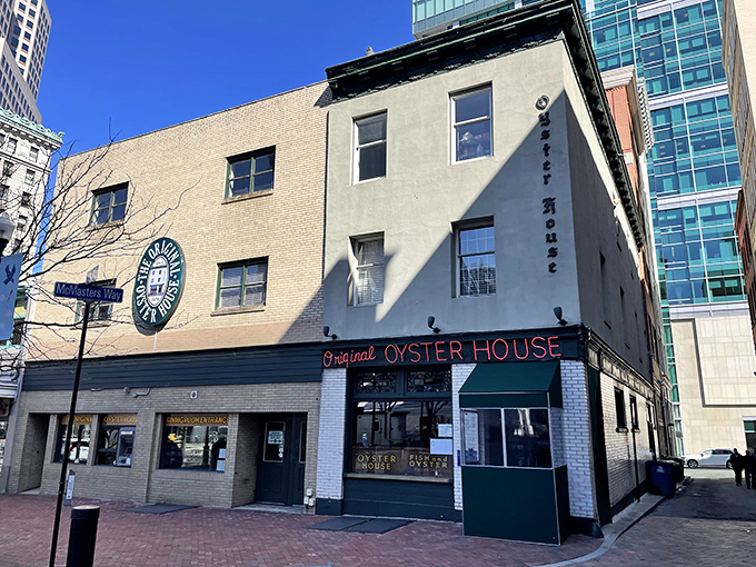The neon glow of seafood salvation! Pittsburgh's Original Oyster House stands like a time capsule in Market Square, its red sign beckoning hungry souls since long before Instagram existed.