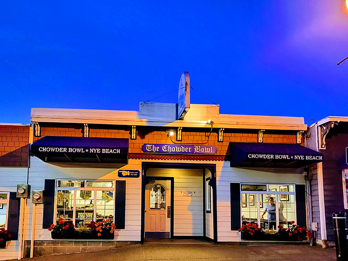 The quintessential Oregon coast welcome: blue skies, salty air, and the Chowder Bowl sign promising seafood that was swimming this morning.