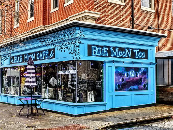 The bright blue storefront of Blue Moon Too stands out like a sapphire in Baltimore's Federal Hill, promising breakfast magic inside this tiny culinary gem.