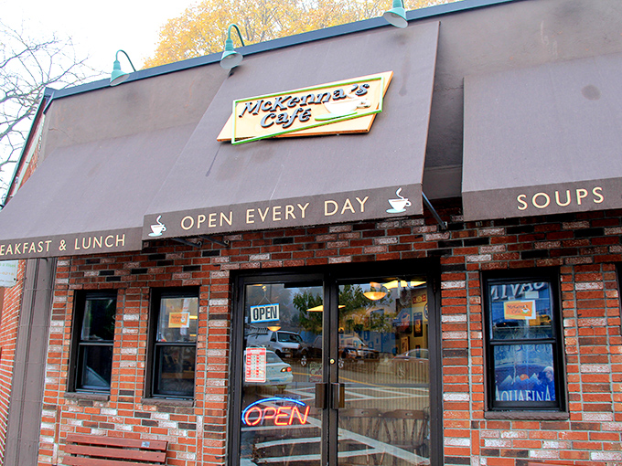 The modest brick exterior of McKenna's Cafe belies the breakfast paradise within. Yellow benches stand ready for hungry patrons awaiting their French toast fix.