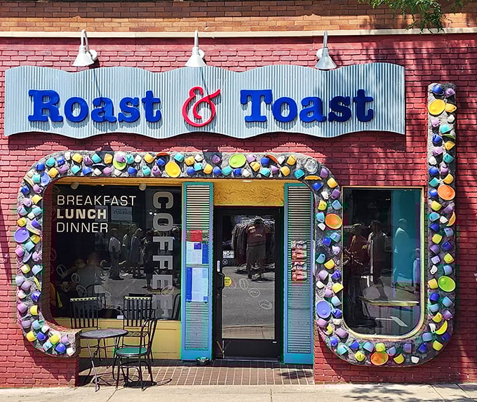 The colorful coffee mug entrance to Roast & Toast isn't just decorative&mdash;it's a caffeinated welcome committee promising good things await inside.