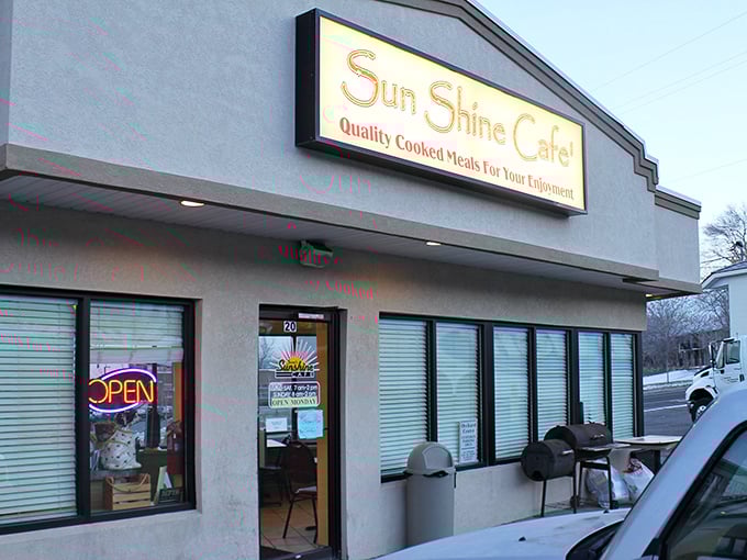 The unassuming storefront that houses breakfast magic. Like finding a treasure map in your attic, this sign promises adventure for your taste buds.