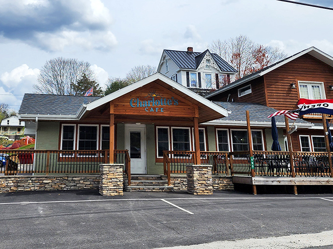 The welcoming wooden facade of Charlotte's Cafe beckons like an old friend, promising comfort and culinary delights within its cozy walls.