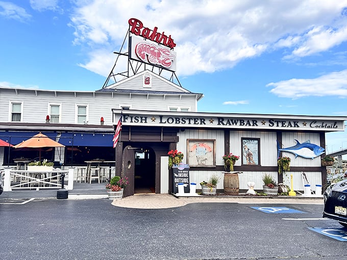 The iconic red "RESTAURANT" sign at Bahrs Landing isn't just advertising&mdash;it's a beacon of hope for seafood lovers navigating the Jersey Shore in search of their next great meal.