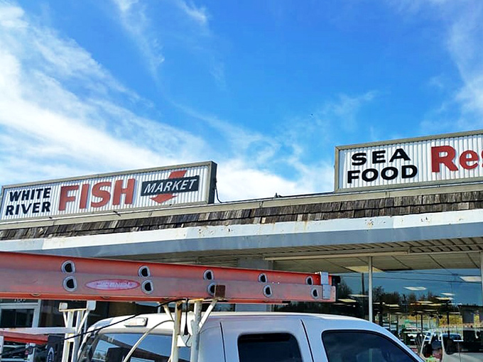 The unassuming exterior of White River Fish Market proves the old adage: never judge a seafood joint by its landlocked location.