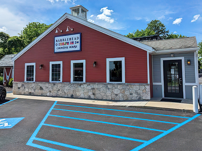 The iconic red clapboard exterior of Marblehead Chowder House stands like a New England lighthouse beckoning seafood lovers in the Pennsylvania countryside.