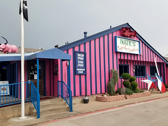 The pink-striped exterior of Nate's stands out like a flamingo in a penguin colony. Three flags flutter above this unassuming seafood sanctuary in Addison.