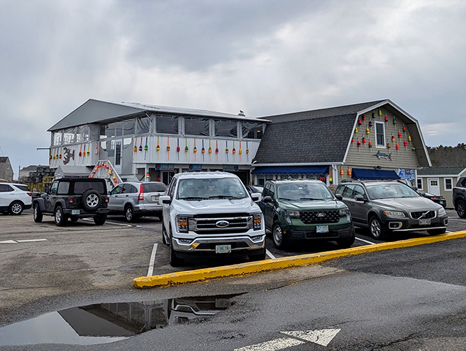 The stairway to seafood heaven! Petey's distinctive white exterior with colorful buoys promises maritime delights before you even step inside.