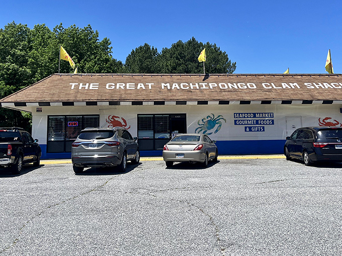 Yellow flags flutter like culinary beacons above this unassuming roadside treasure. The gravel parking lot filled with pickup trucks tells you everything you need to know.