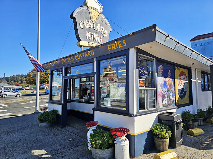 The royal blue trim and vintage sign of Custard King stand proudly against Astoria's sky, like a delicious mirage beckoning custard pilgrims.