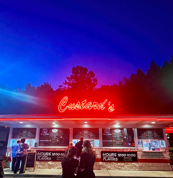 The neon glow of Custard's against the twilight sky isn't just advertising&mdash;it's a beacon calling all dessert pilgrims home.