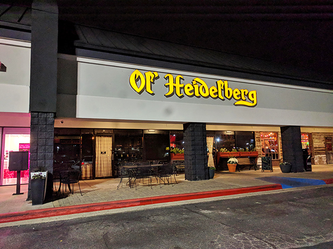 The glowing yellow sign of Ol' Heidelberg beckons like a beacon of Bavarian bliss in this unassuming Huntsville strip mall. German comfort awaits inside!