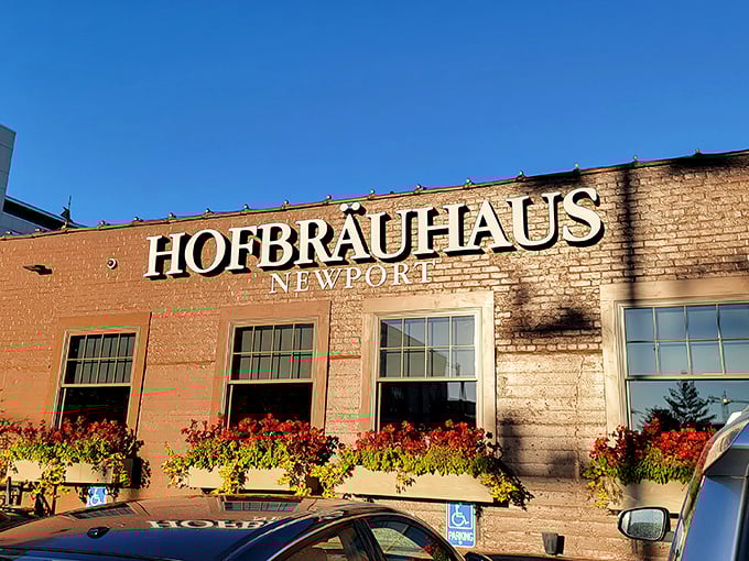 The brick facade of Hofbr&auml;uhaus Newport welcomes you with vibrant flower boxes that practically shout, "Come in, we've been expecting you!"