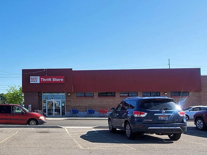 The iconic red exterior of Idaho Youth Ranch Thrift Store stands as a beacon of bargain-hunting possibilities in Meridian.