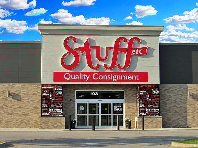 The iconic red Stuff Etc sign stands out like a beacon for bargain hunters, promising treasures within those brick walls.