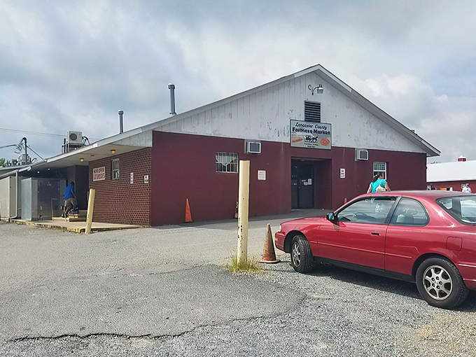 The iconic red barn of Spence's Bazaar stands like a treasure chest waiting to be opened, promising adventures in bargain hunting under the Delaware sky.