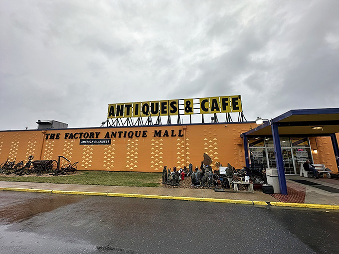 The yellow exterior of Factory Antique Mall beckons like a beacon to treasure hunters.