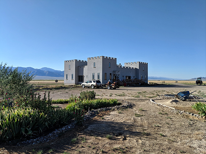 A medieval mirage rising from the Nevada desert, Paradise Ranch Castle stands defiantly against convention, its crenellated towers declaring "Yes, we built a castle in sagebrush country."