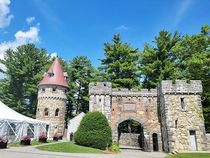 The grand entrance to Searles Castle looks like the perfect setting for a medieval fantasy film, complete with stone turrets and battlements nestled among New Hampshire pines.