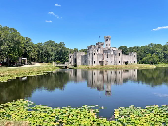 A medieval mirage rising from the Texas countryside, complete with moat and lily pads. Camelot meets cattle country in spectacular fashion.