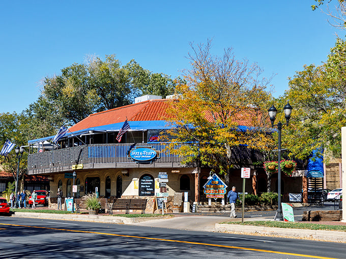 The terracotta roof and Mediterranean blue trim of Jake and Telly's stands out like a Greek island mirage in Colorado Springs' historic district.