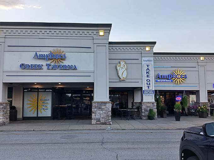 Amphora's welcoming storefront promises Mediterranean delights within, like finding a Greek island vacation hiding in a New Hampshire strip mall.