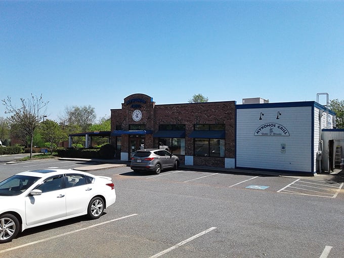 The unassuming exterior of Mykonos Grill plays the perfect culinary Clark Kent – modest brick facade hiding superhero-level Greek flavors waiting inside.