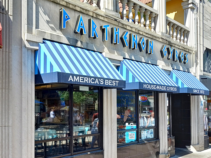 The iconic blue and white Parthenon Gyros storefront stands proudly on State Street, like a little slice of Santorini dropped into downtown Madison.