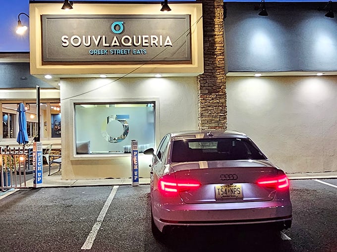 Souvlaqueria's modern storefront beckons with its distinctive blue eye logo, promising Greek street food that'll transport you straight to Athens without the jet lag.