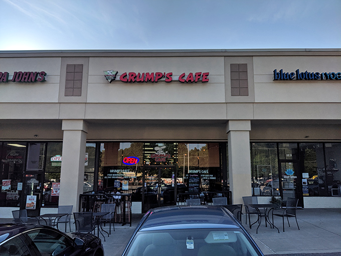 The unassuming strip mall exterior of Grump's Cafe proves once again that the best breakfast joints often hide in plain sight.