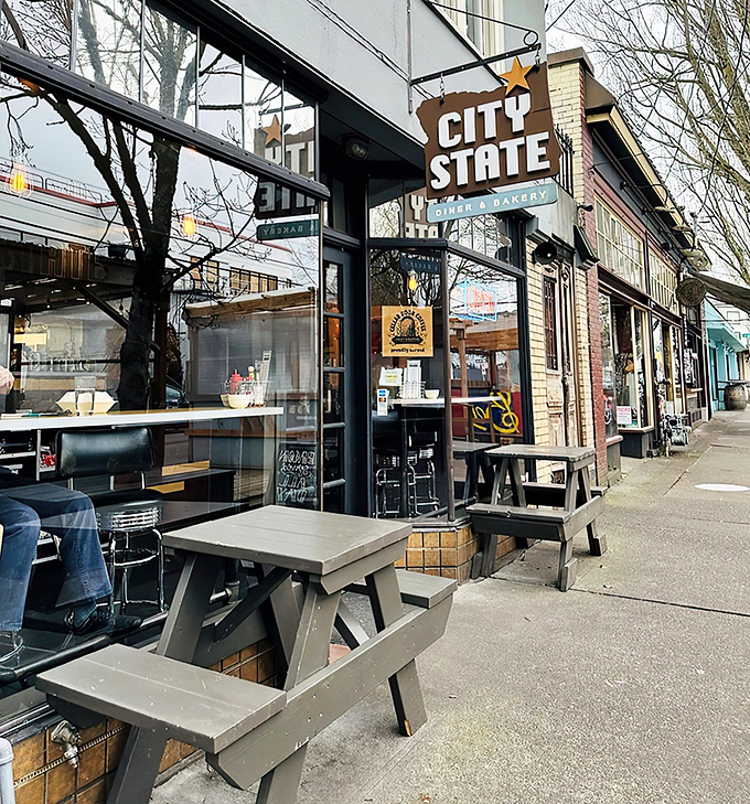 The iconic City State sign beckons hungry Portlanders like a lighthouse for the breakfast-obsessed. Those picnic tables have witnessed countless weekend recovery brunches.