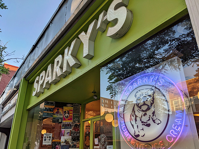 The green storefront of Sparky's practically announces "creative ice cream ahead!" - a beacon for dessert lovers wandering downtown Columbia's streets. 