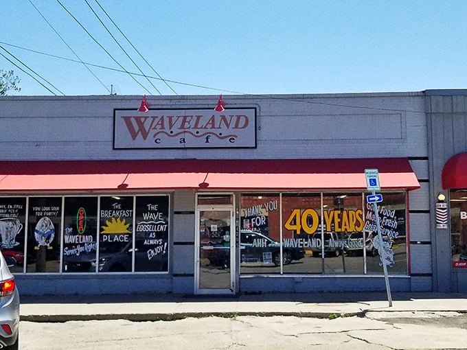 The unassuming storefront that's launched a thousand breakfast dreams. Waveland Cafe's exterior promises nothing fancy&mdash;just honest-to-goodness Iowa morning magic.