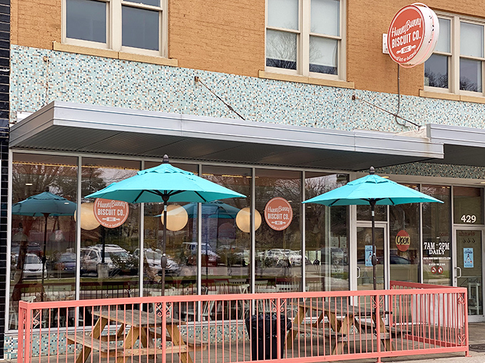 The cheerful yellow exterior with teal accents isn't just eye-catching&mdash;it's a morning beacon for carb enthusiasts across Oklahoma City.