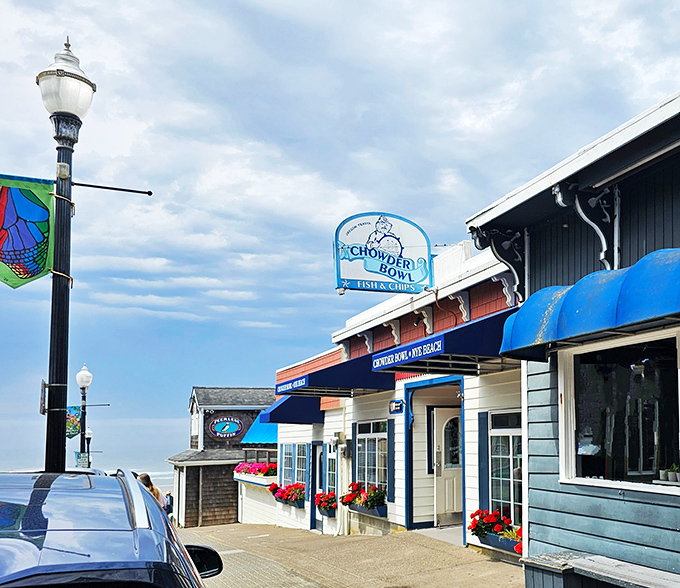 The quintessential Oregon coast welcome: blue skies, salty air, and the Chowder Bowl sign promising seafood that was swimming this morning.