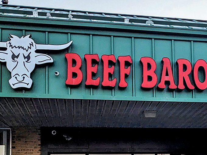 The unmistakable Beef Baron sign greets hungry travelers like a carnivorous North Star, guiding meat lovers to their delicious destination.