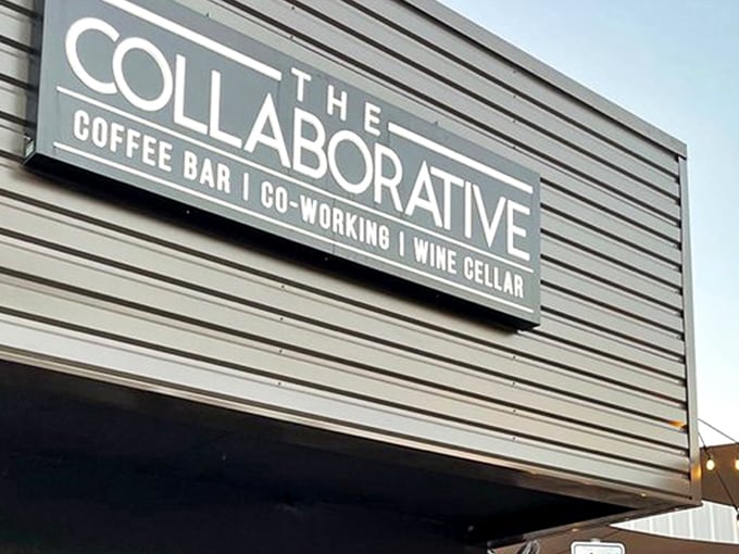 The sleek exterior of The Collaborative announces its triple threat status: coffee bar, co-working space, and wine cellar. Modern architecture with purpose.
