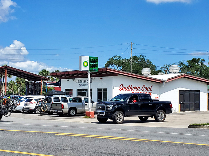 The pilgrimage begins here. Southern Soul's weathered exterior and license plate collection tell you immediately: this isn't just dinner, it's a destination. 