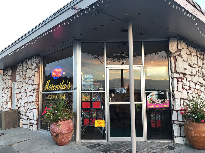 The unassuming stone facade of Morenita's might not scream "food paradise," but those colorful lights are sending delicious Morse code to your stomach.