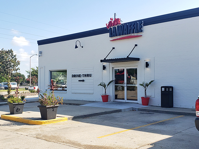 The unassuming white exterior of Viva La Waffle hides a culinary revolution within. Like finding a diamond in a plain setting.