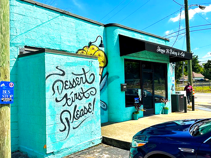 The turquoise beacon of breakfast bliss stands out like a dessert oasis in Nashville. "Dessert First Please!" isn't just wall art&mdash;it's a life philosophy. 