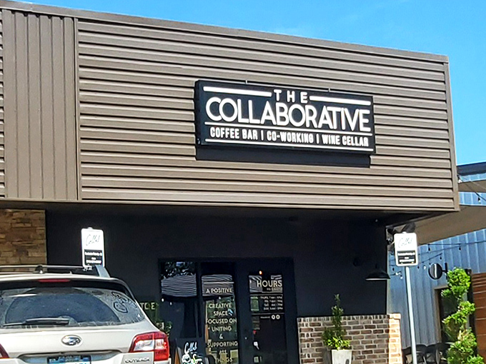 The sleek exterior of The Collaborative announces its triple threat status: coffee bar, co-working space, and wine cellar. Modern architecture with purpose.